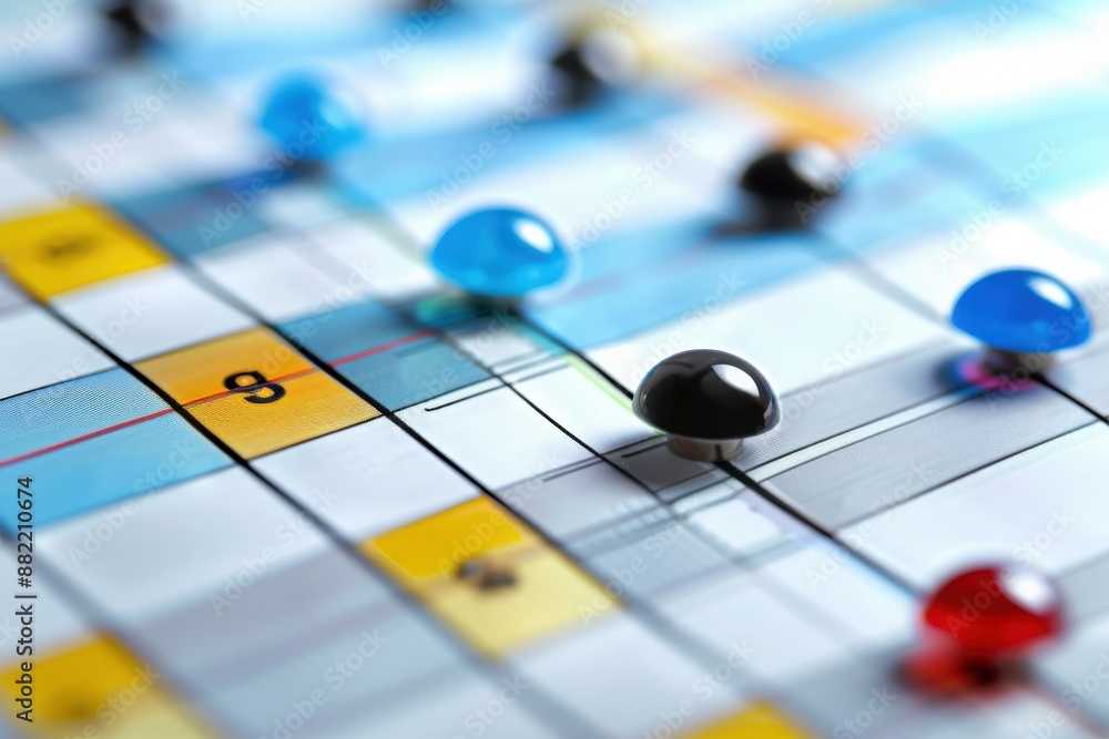 Colorful push pins mark key points on a gridded chart, highlighting ...