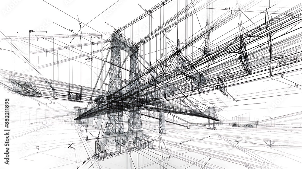 Draft a blueprint for a suspension bridge, highlighting cable tensions ...