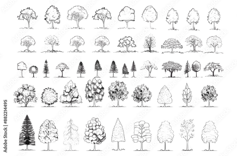 Trees set vector, stroke fill in white trees, minimalist landscape ...