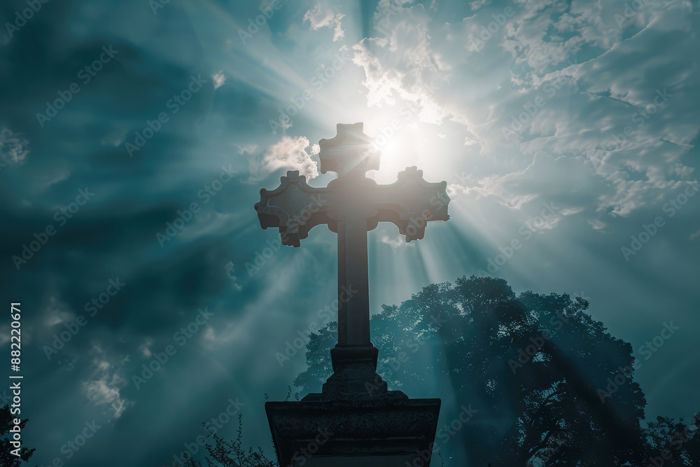 Ancient tombstone with gothic crosses in a historic cemetery, reflecting Christian burial ...