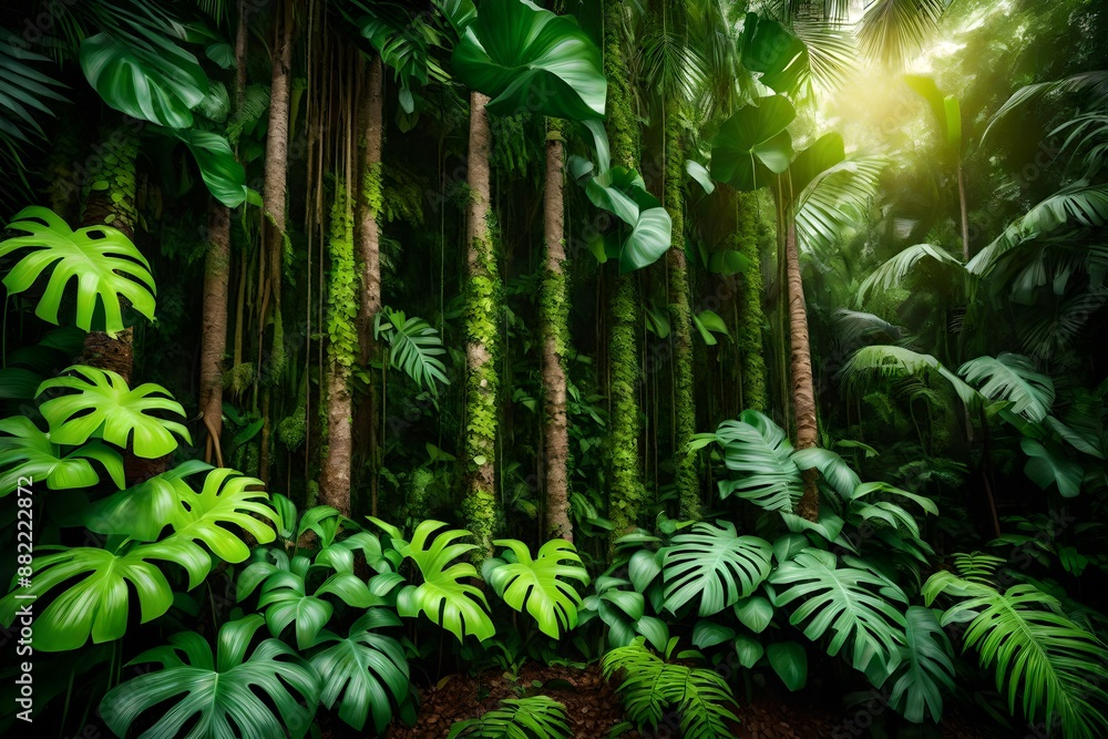 Nature frame of jungle trees with tropical rainforest foliage plants ...