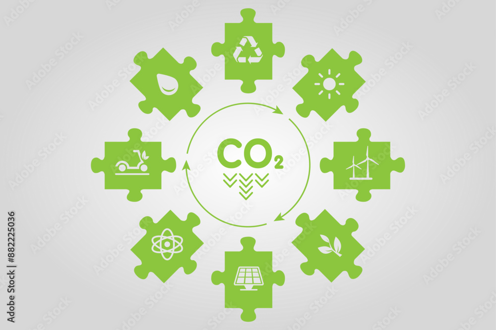 Green puzzles around CO2 symbolize renewable energy and sustainable ...