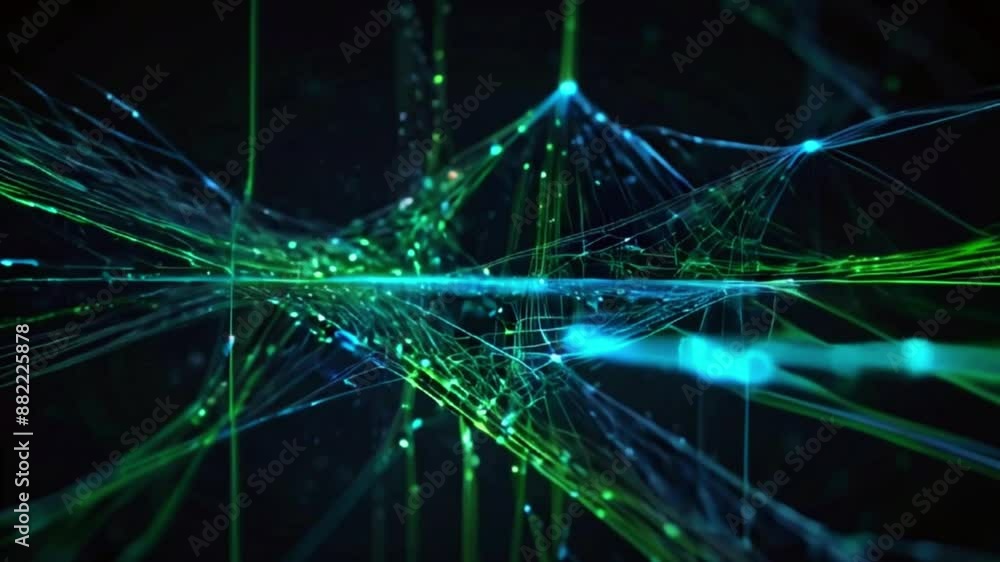 Blue and green data streams flow through a network of interconnected ...