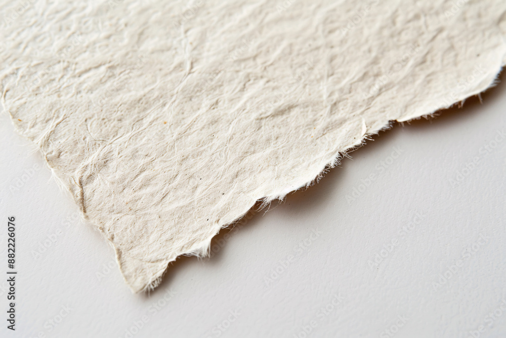 A detailed close-up of a blank, antique paper with rough, uneven edges ...