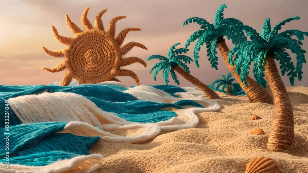 Digital illustration of a beach scene crafted from yarn. Sea beach ...
