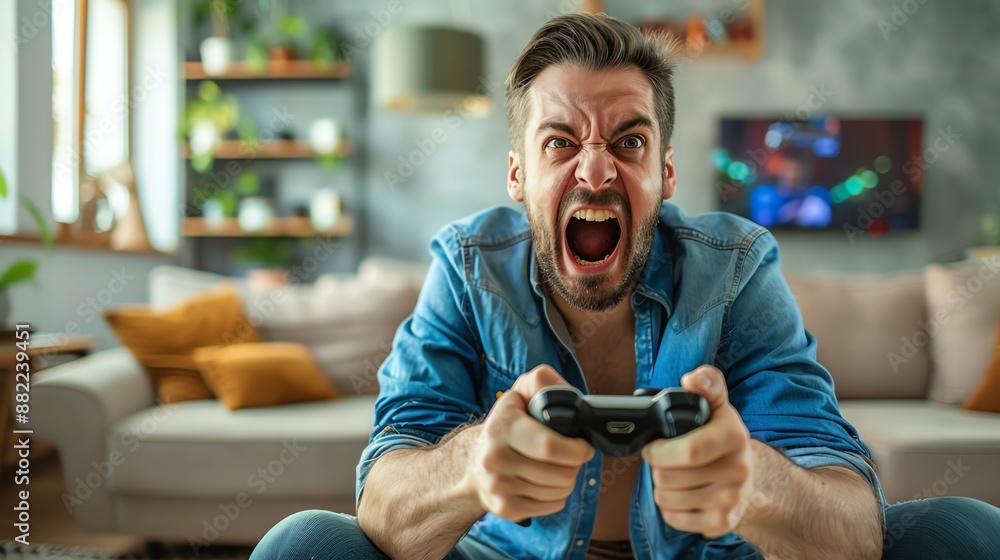 Excited man with a beard intensely playing a video game at home ...