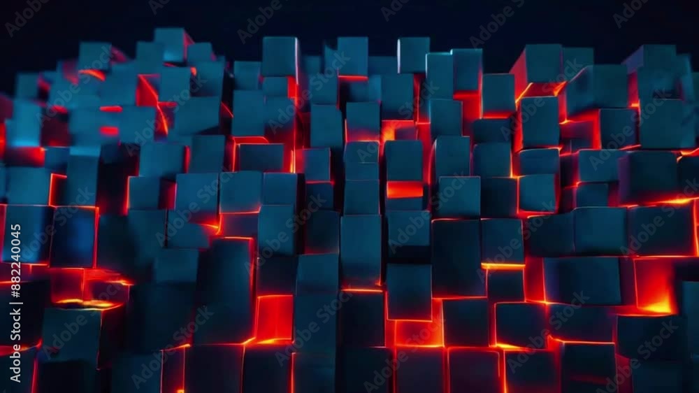 Blocks with a neon glow effect slide in diagonally, leaving a trailing ...