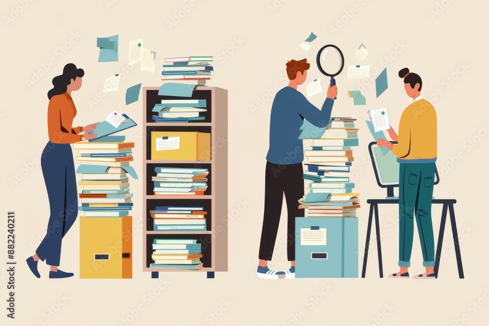 three people searching through documents and messy blue smeared files ...