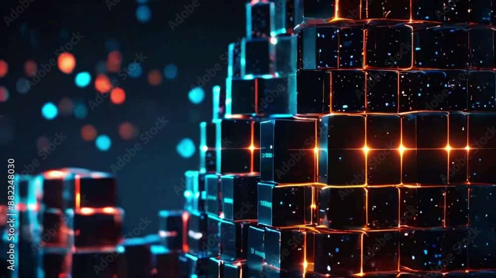 A futuristic landscape glowing cubes represent quantum computers data ...