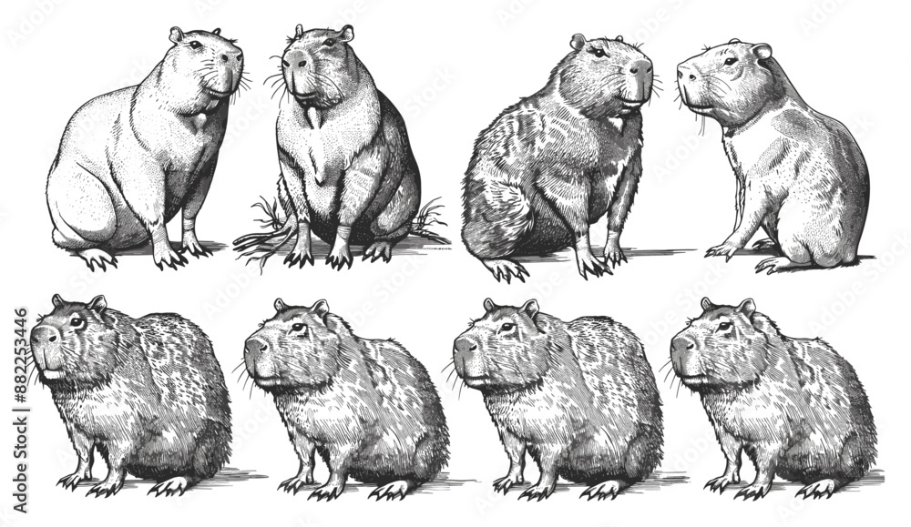 Black and white vintage engraving capybara isolated illustration set ...