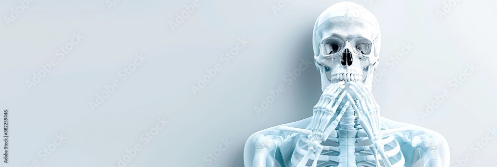 Human skeleton with hands clasped in front of face on light background ...