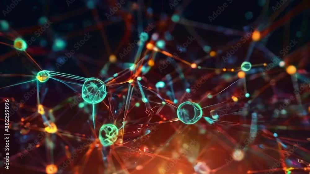 A neural network with interconnected nodes and synapses, data flows as ...
