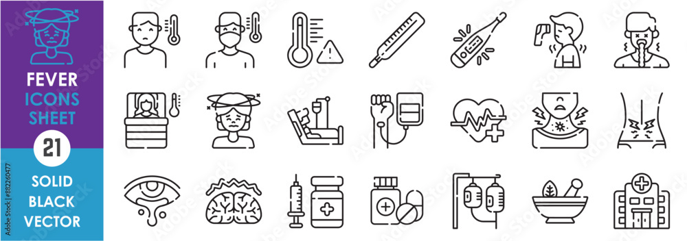 A set of line icons related to fever. Typhoid, fever, pain, heart ...
