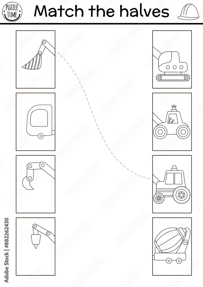 Construction site black and white connect the halves worksheet ...