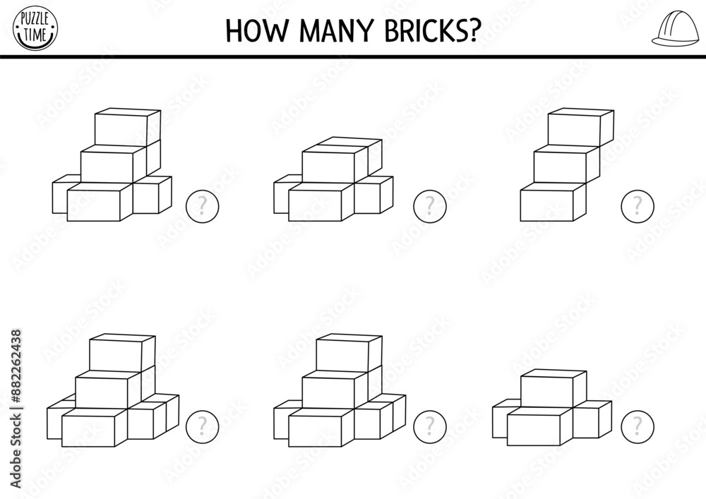 3d counting construction site black and white game with bricks. Math ...