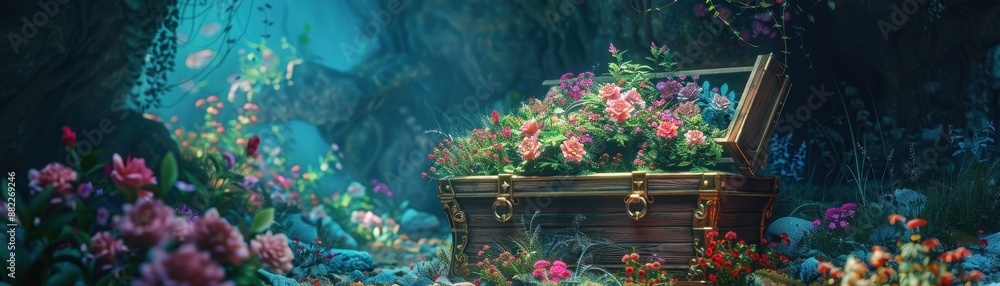 A treasure chest overflowing with growing flowers in an enchanted ...