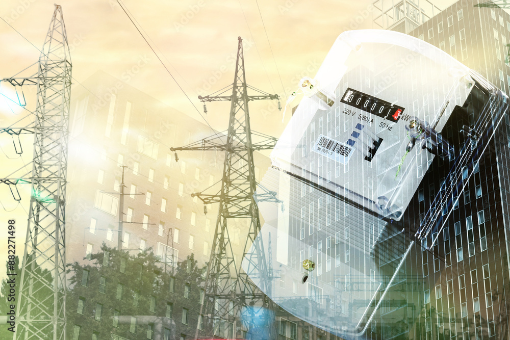 Electricity meter, building and high voltage towers, multiple exposure ...