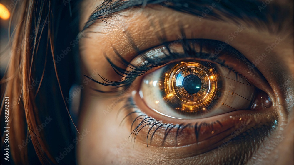 human eye with a futuristic technology interface, symbiosis of biology ...