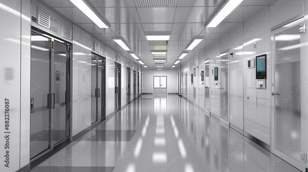 In a sterile, clean and bright server room, advanced airflow systems ...