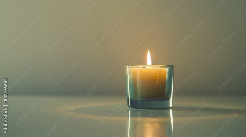 In a small, quiet interior, a single candle burning in a small glass ...