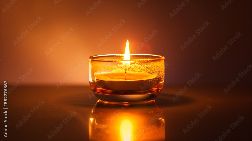 In a small, quiet interior, a single candle burning in a small glass ...