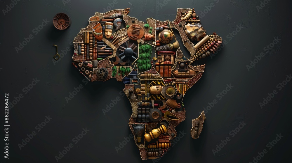 Map of Africa formed by African cultural artifacts, objects and tools ...