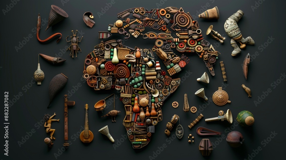 Map of Africa formed by African cultural artifacts, objects and tools ...