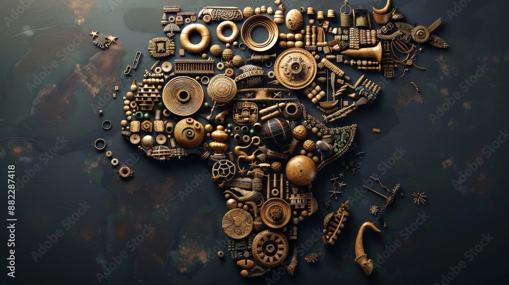 Map of Africa formed by African cultural artifacts, objects and tools ...