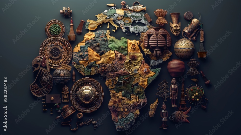 Map of Africa formed by African cultural artifacts, objects and tools ...