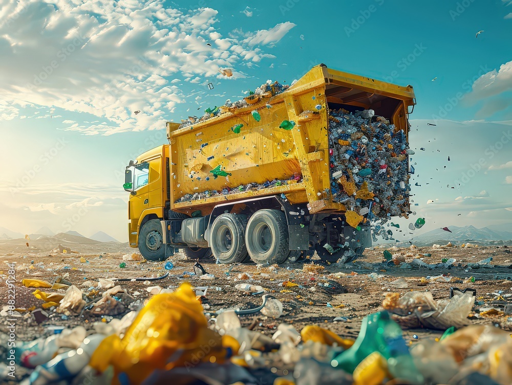 yellow garbage truck unloading a large amount of waste in a landfill ...