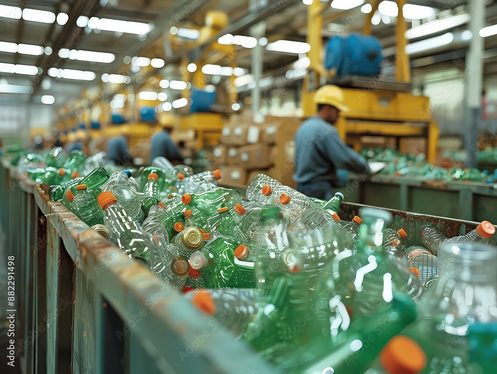 Educational photograph of a recycling center, with workers sorting ...