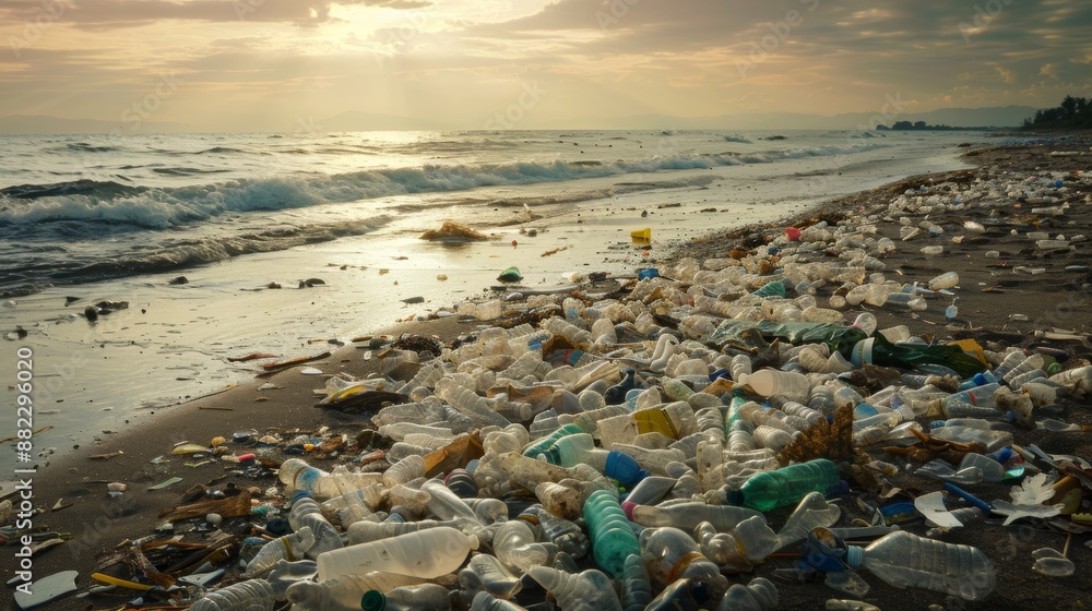 Sunset scene over a beach littered with plastic waste, highlighting the ...