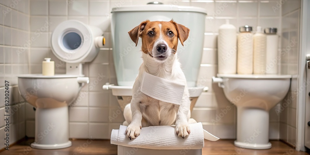 Adorable canine perched on toilet seat, paws gripping toilet paper roll ...