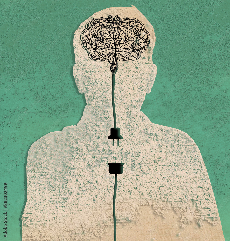A man with a tangled brain shows the brain is unplugged. Illustrates ...
