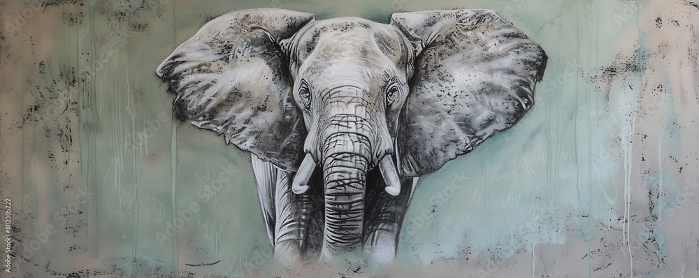 A pastel and charcoal drawing of an elephant, featuring soft shading ...