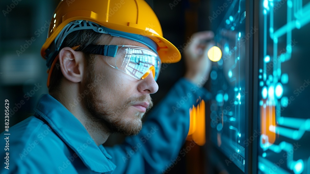 Double exposure image of engineers working in a twilight factory ...