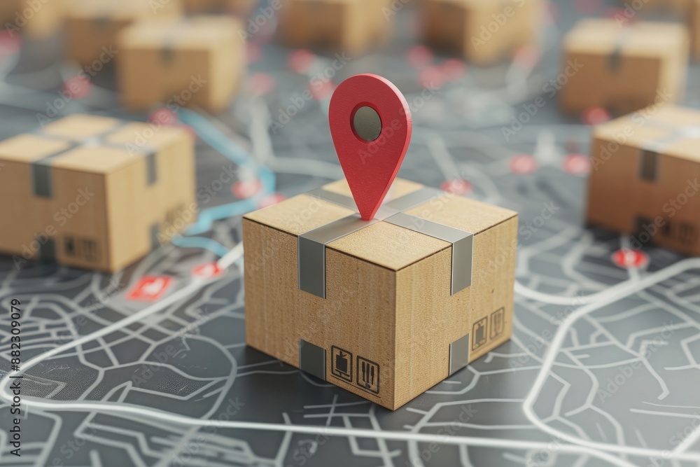 Red location pin floating above a package in a cardboard box above a ...