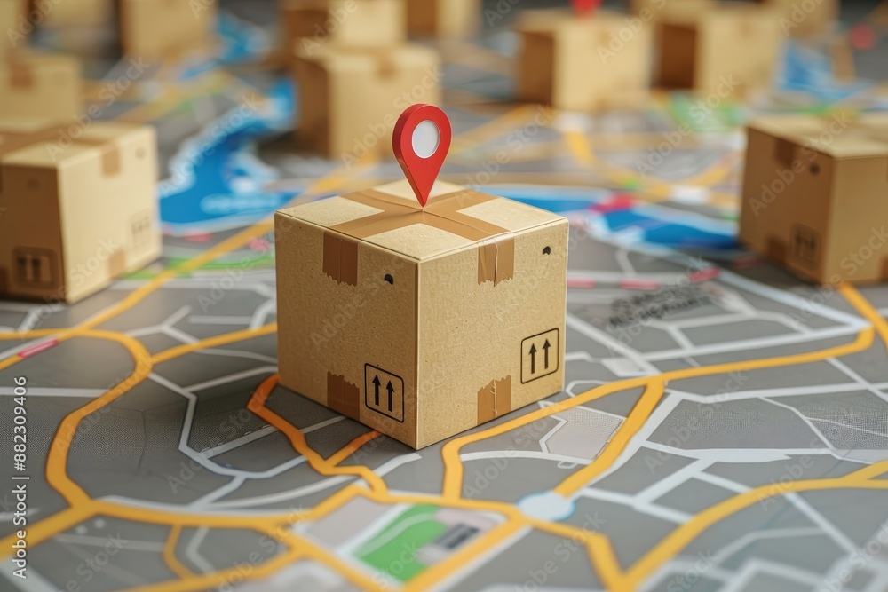 Red location pin floating above a package in a cardboard box above a ...