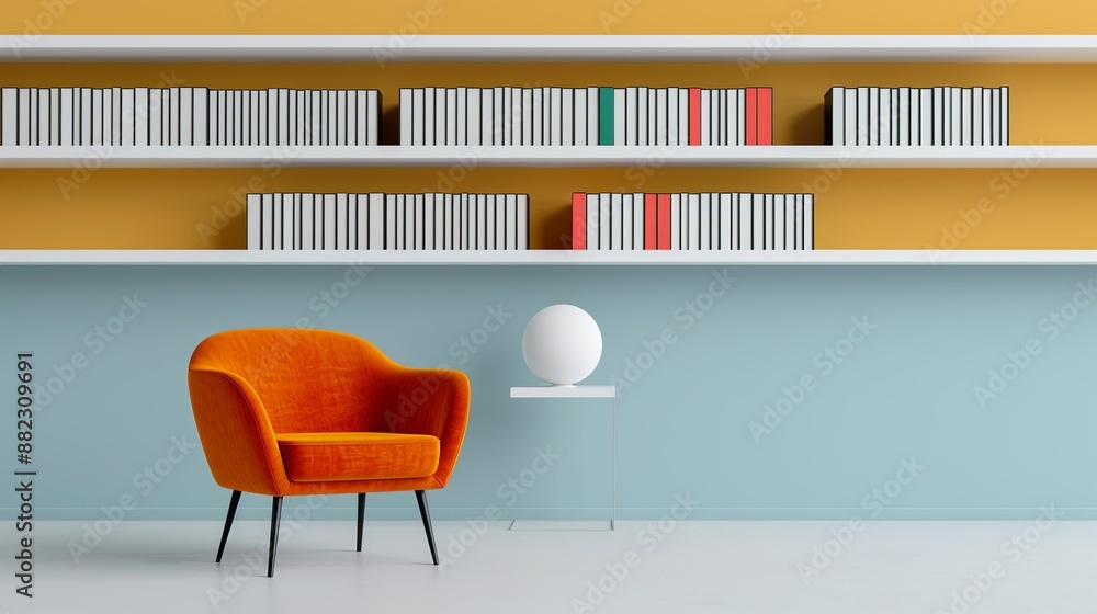 Interior of a minimalist library with sleek bookshelves and colorful ...