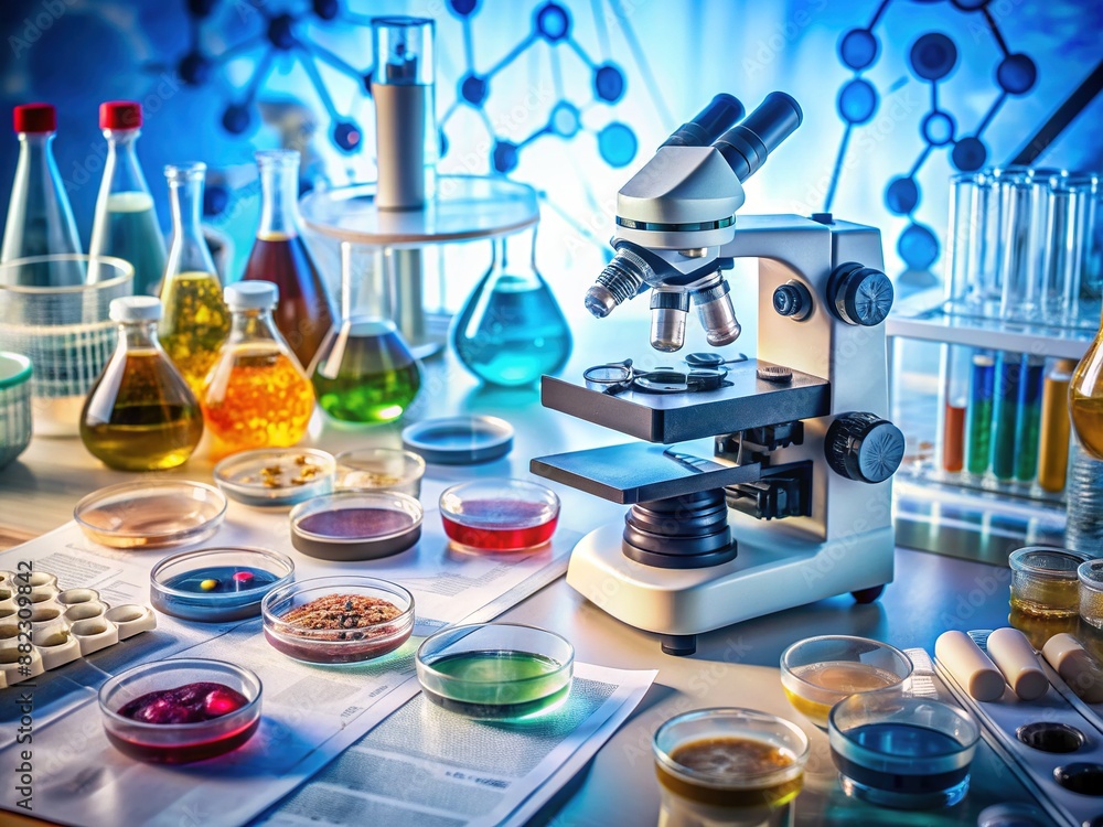 Microscope, Petri dishes, and various scientific equipment scattered on ...