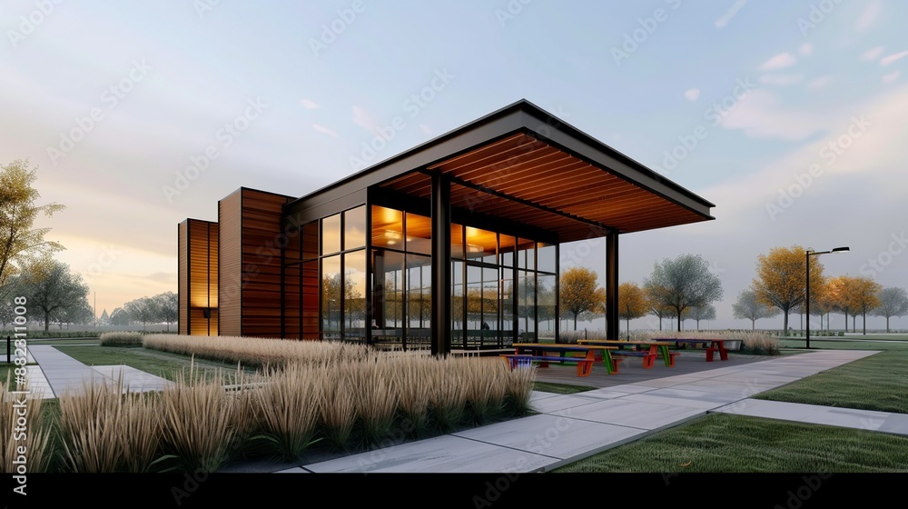Exterior of a community park pavilion with modern architecture and ...