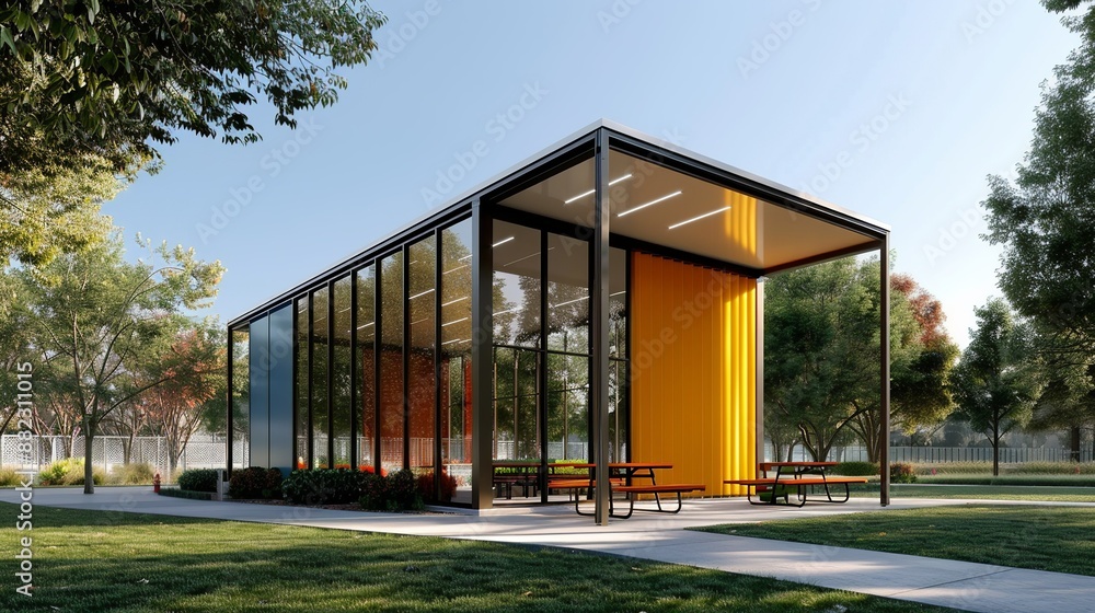 Exterior of a community park pavilion with modern architecture and ...