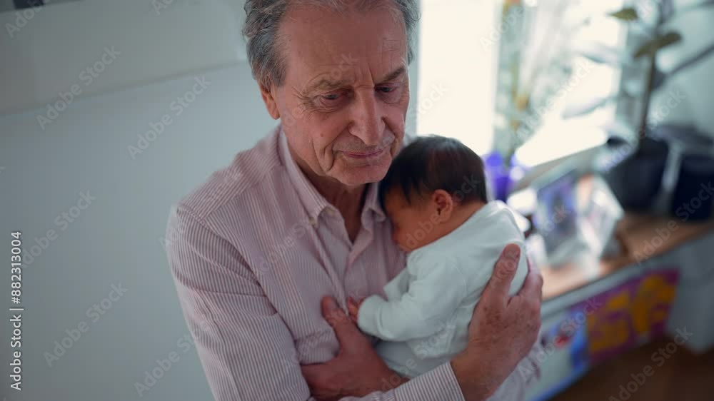 Grandfather smiling warmly while holding newborn baby, expressing joy ...