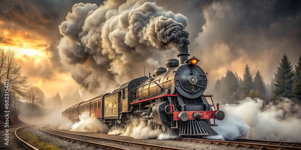 Vintage steam locomotive chugs through dense fog, smoke billowing from ...