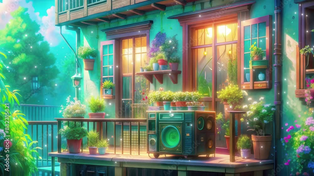 Colorful pot plants garden on balcony, animated virtual background ...