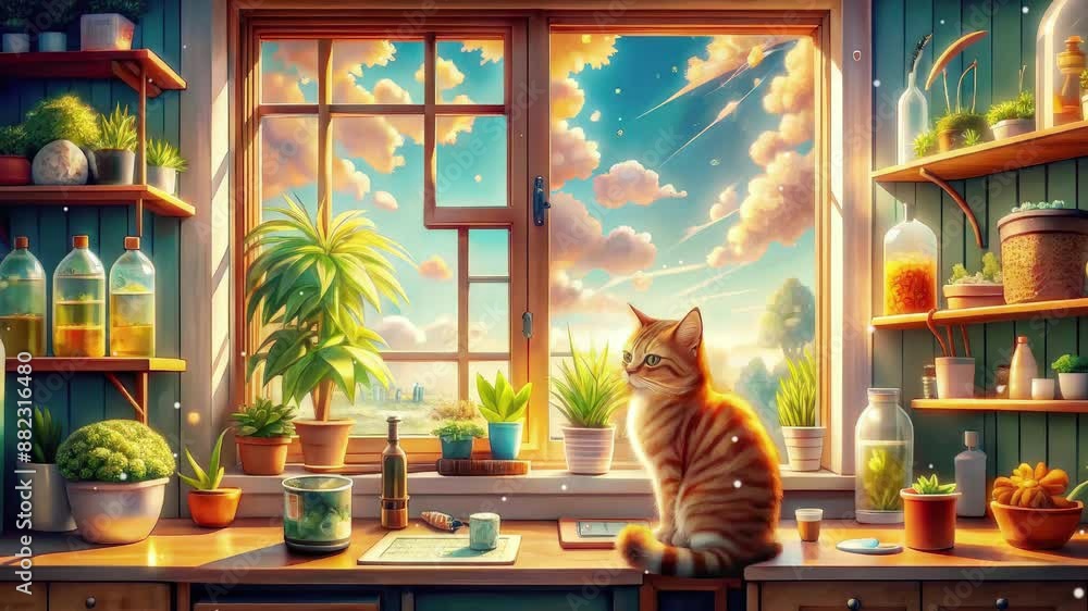 Cat by a sunlit window in a cozy kitchen, animated virtual background ...