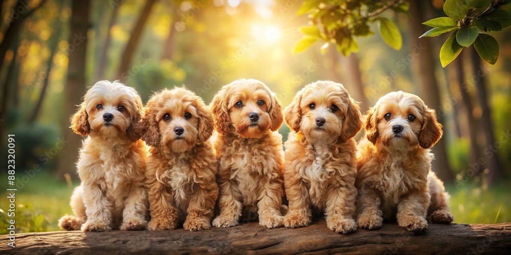 Adorable four curly cavapoo puppies pose together in a sun-dappled ...