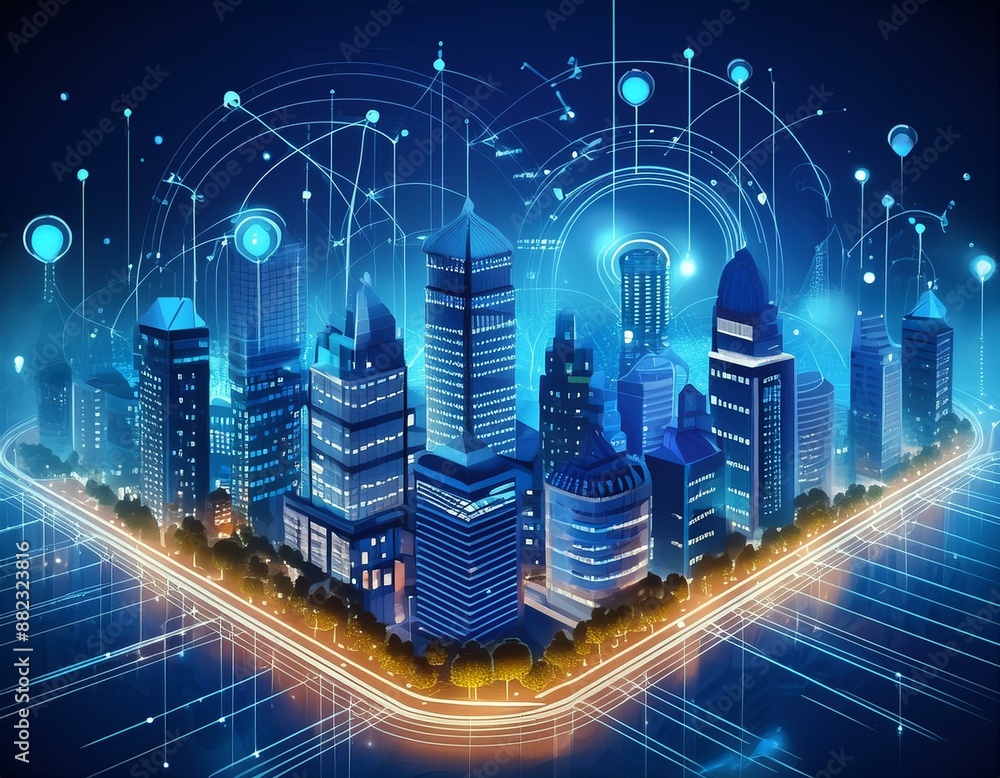 Smart city on a dark blue background, featuring intelligent ...