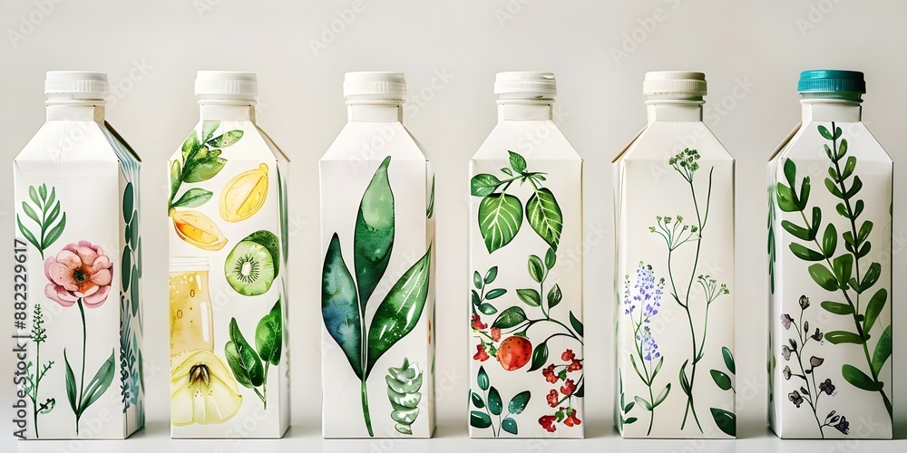 Watercolor collection of plantbased milk cartons in different designs ...