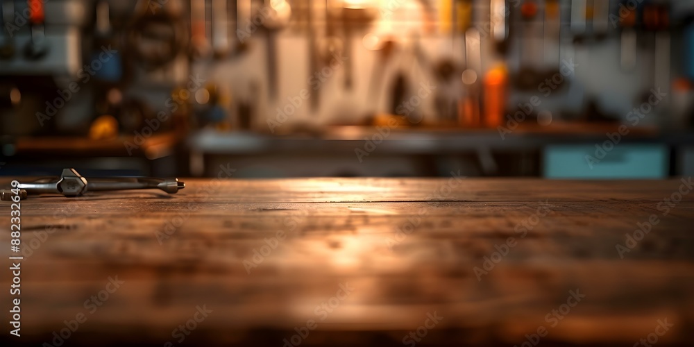 Mechanics tools on workbench in car service garage. Concept Workbench ...